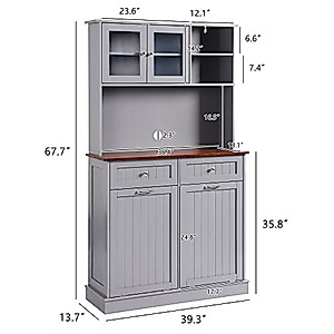 LOUVIXA Kitchen Pantry Storage Cabinet, Microwave Cabinet with Tilt Out Trash Cabinet, Freestanding Kitchen Hutch,Tall Pantry Cabinet Cupboard (Grey)