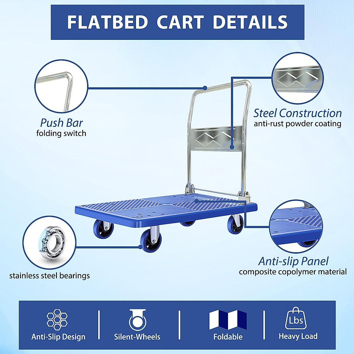 Aysiofdy Foldable Platform Truck｜440 lbs Weight Capacity Hand Truck｜Push Cart Dolly with 360 Degree Swivel Wheels｜Push Cart on Wheels for Easy Storage and Loading｜Blue