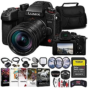 Panasonic Lumix GH6 Mirrorless Camera with 12-60mm f/2.8-4 Lens (DC-GH6LK) + Sony 64GB Tough SD Card + Filter Kit + Wide Angle Lens + Telephoto Lens + Lens Hood + Card Reader + More