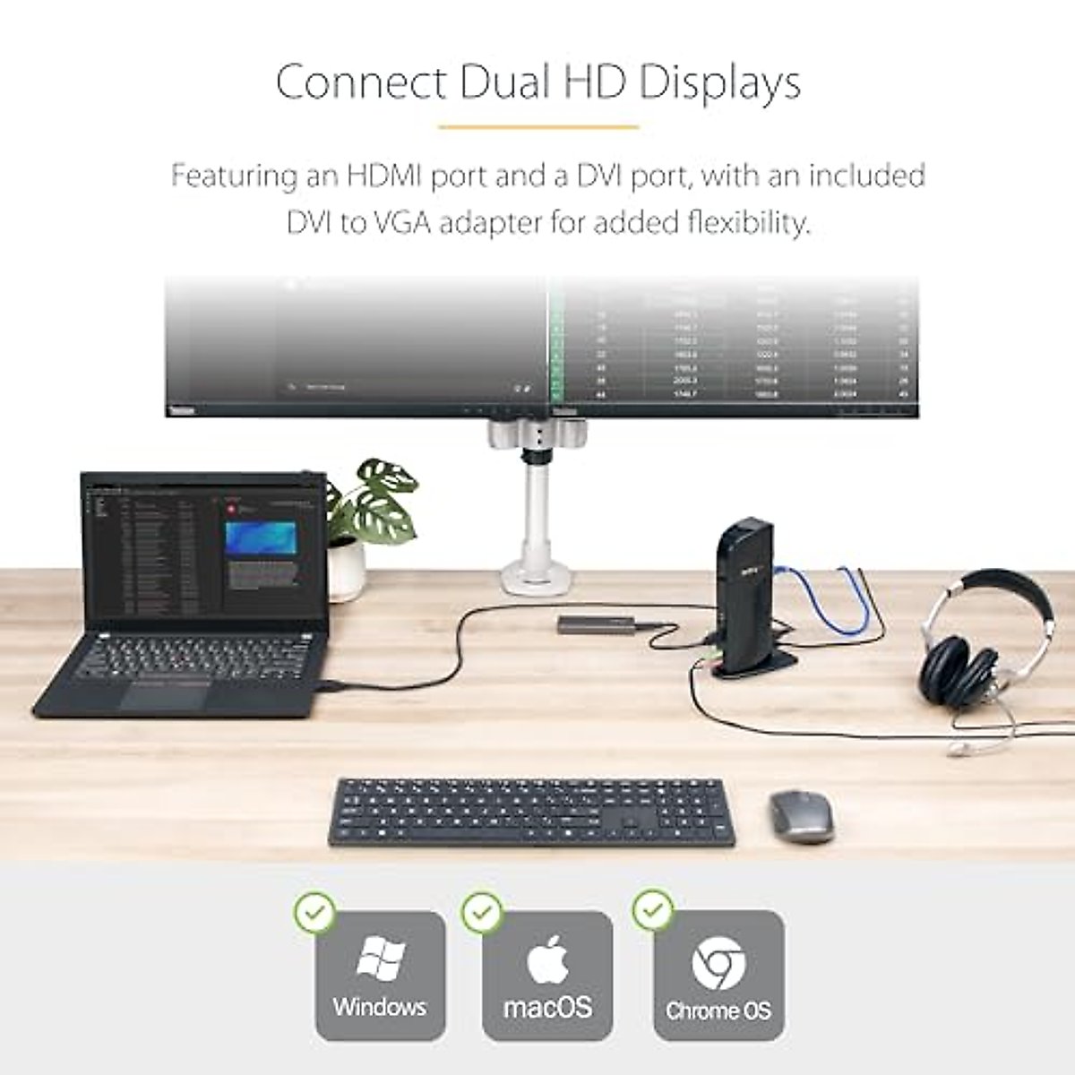 StarTech.com USB 3.0 Dual Monitor Docking Station with HDMI & DVI/VGA, 6x USB-A Ports, Ethernet, Audio & USB Type-A Hub, Universal Laptop Dock - Windows/macOS/ChromeOS (USB3SDOCKHD)