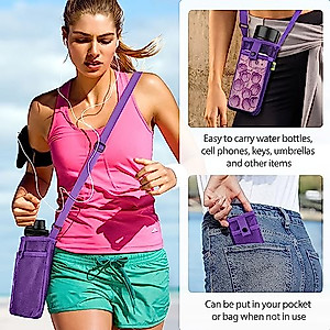 Water Bottle Bag with Strap, Mesh Water Bottle Holder Crossbody Bottle Sling Bag Adjustable Shoulder Strap and Pocket - Lightweight Water Bottle Carrier for Walking Sports Hiking Camping (Purple)