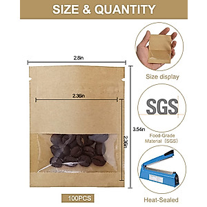 BEISHIDA 100 Pack 3.5 Inch Small Resealable Bags Small Kraft Paper Bags with Clear Window Airtight Brown Kraft Paper Bags Food Storage Bags Seed Bags Simple Bags Heat Sealable Bags for Packaging