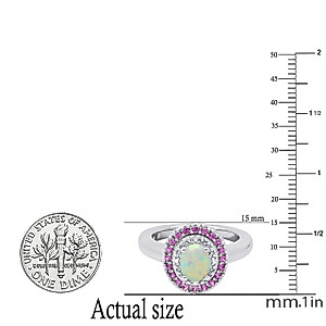 Dazzlingrock Collection 8X5.5 mm Oval Created Opal, Round Created Pink Sapphire with Natural Diamond Accent Women Engagement Ring, Sterling Silver, Size 7