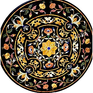 Pietra Dura Natural Black Marble Round 33" x 33" Inch Coffee Table Top, Black Marble Round Dining Table Top, Marble Centre Table Top, Piece Of Conversation, Family HeirLoom