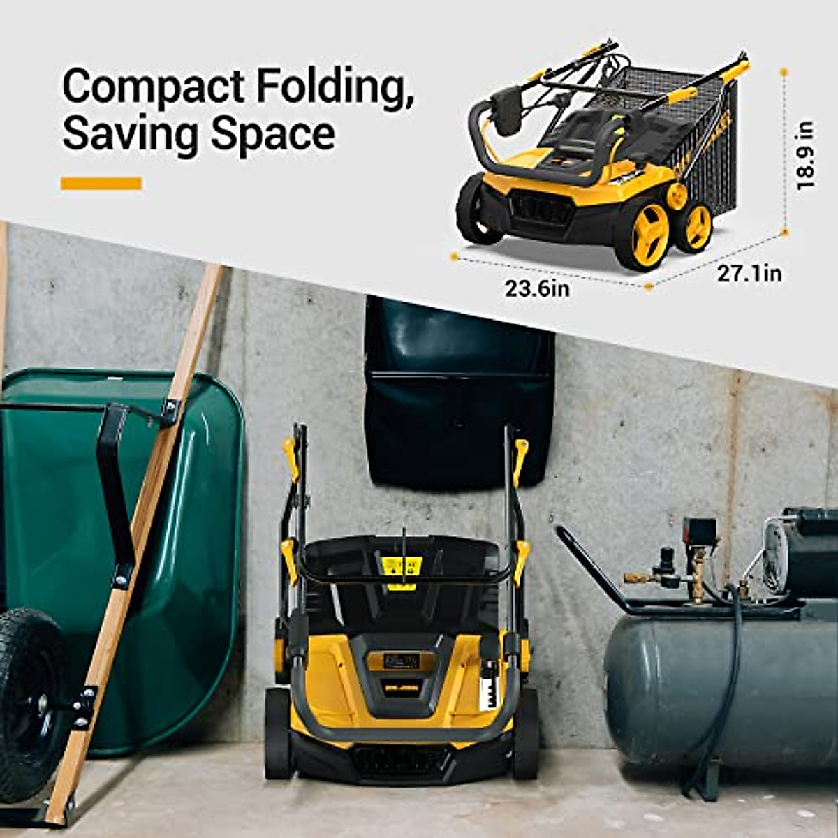 Rock&Rocker 15 INCH 13Amp Electric Dethatcher Scarifier, 2-in-1 Dethatcher Aerator, 5 Working Depth, 45L Thatch Bag, Tool-Free & Foldable Handle, Easy Storage, 3 Rod Handle Height, for Lawn Health