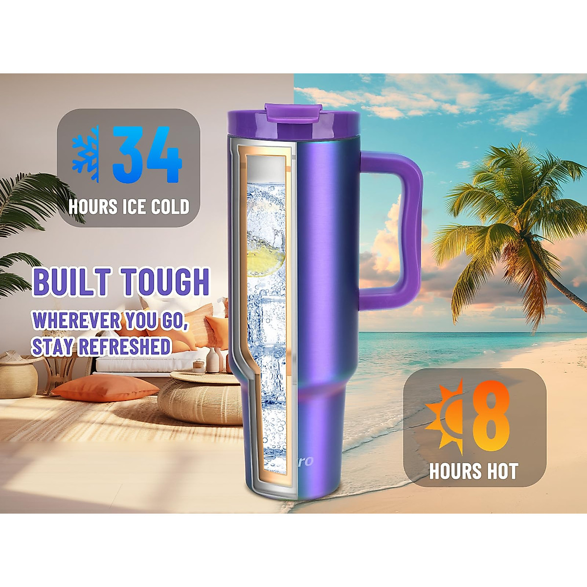 Zukro 50 oz Tumbler With Handle, 100% Leak Proof, Large Triple-wall Insulated Stainless Steel Cup with Lid and Flip Straw, No Sweat Reusable Travel Mug Fit in Cup Holder, Cold 34 Hours, Floral