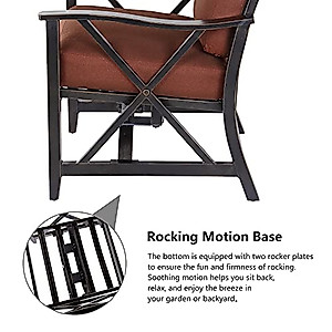 3 Piece Patio Furniture Set Outdoor Conversation Bistro Set with Handmade Contemporary Round Table and 2 Rocking Chairs with Thick Seat Cushions for Porch Garden Balcony Backyard