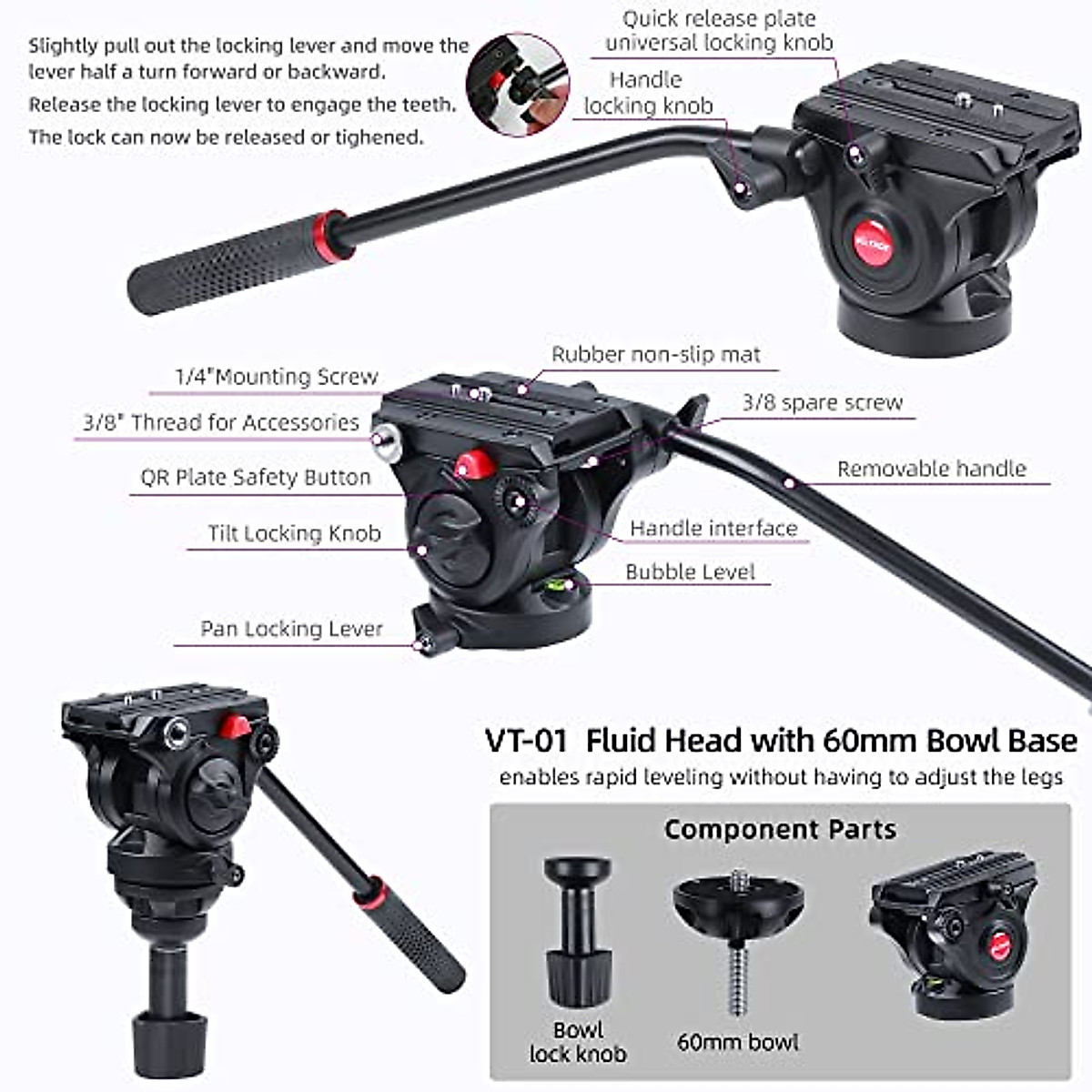 VILTROX VX-18M Professional Heavy Duty Video Camcorder Tripod with Fluid Drag Head and Quick Release Plate, 74" inch,Max Loading 10KG, with Carrying Bag,Horseshoe Shaped Bracket