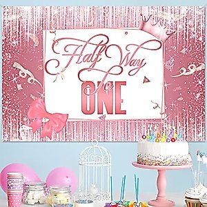 Half Way To One Birthday Backdrop Banner Decorations for Baby Girls Rose Gold 6 Months 1/2 Bday Background Photography Party Sign Decor Supplies Pink