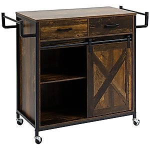 HOMCOM Industrial Kitchen Cart, Rolling Kitchen Island with Adjustable Shelf, Two Drawers, Sliding Barn Door Cabinet and Towel Rack, Rustic Brown