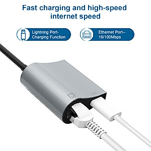 [Apple MFi Certified] 2 in 1 RJ45 Ethernet LAN Network Adapter, Lightning to RJ45 Ethernet Adapter with Charge Port Compatible with iPhone/iPad/iPod, Plug and Play, Supports 100Mbps Ethernet Network