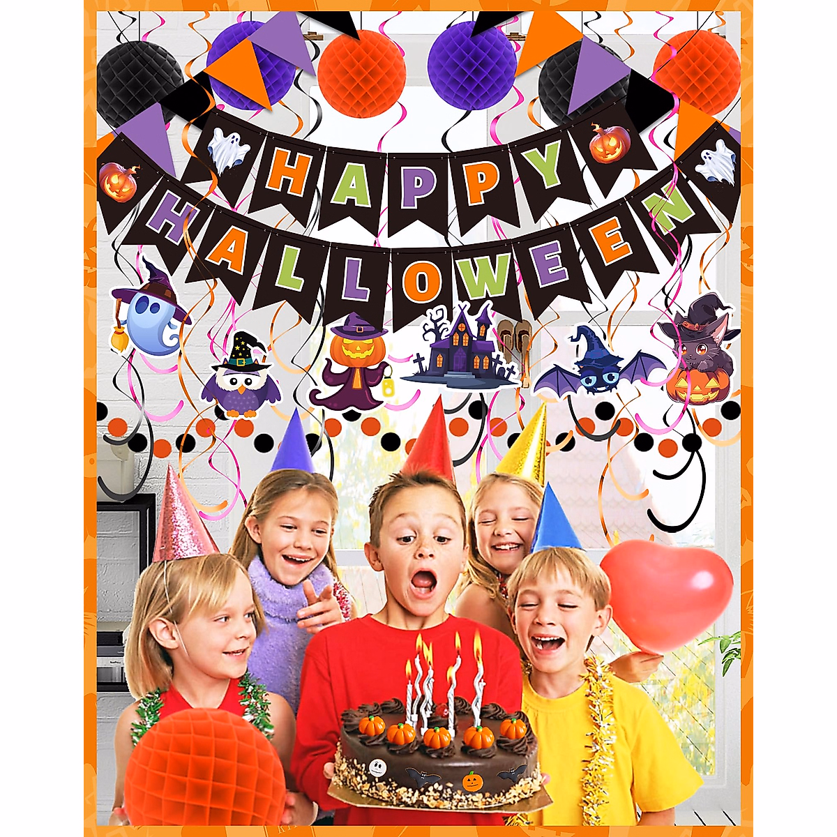 Oomloid Halloween Party Decorations Indoor - Happy Halloween Banner, Hanging Swirl Streamers, Halloween Sign Triangle Flag Bunting Halloween Supplies for Trunk or Treat Decorations