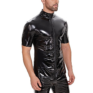 Men Sexy Leather Shirt, Glossy, Plus Size, Full Zipper, Short Sleeve, Shiny Latex Coat For Male, Red