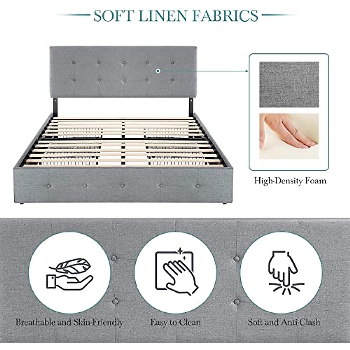 HOOMIC King Size Platform Bed Frame with 4 Storage Drawers, Adjustable Headboard with Square Stitched Button Tufted Design, Wooden Slats, No Box Spring Needed, Noise Free, Easy Assembly, Light Grey
