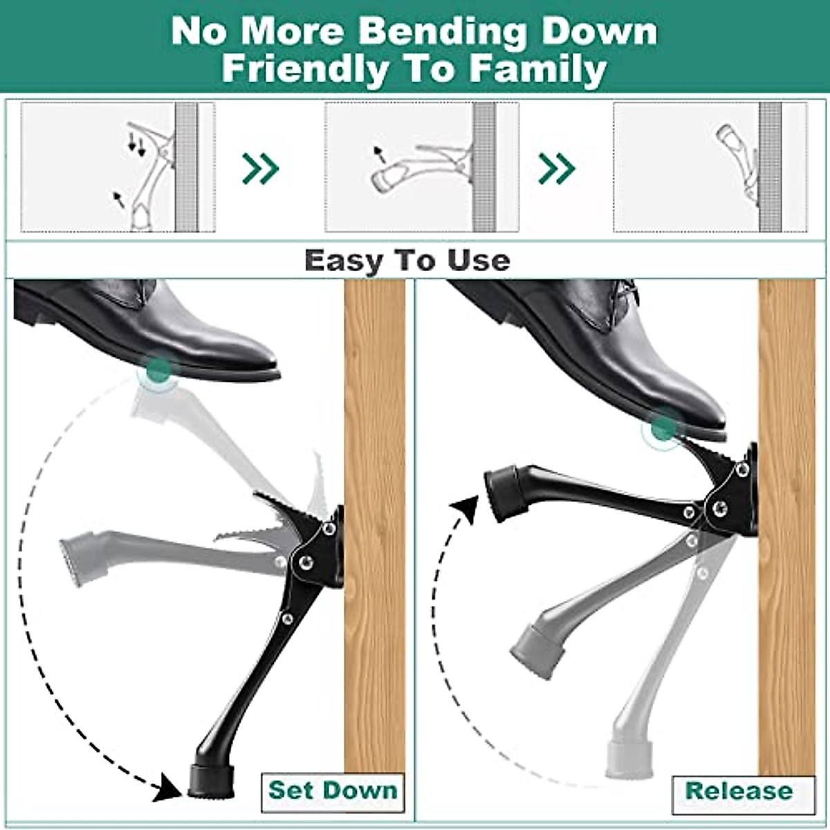 Door Stoppers, (2 Pack) 6 Inch Kickdown Door Stop for Bottom of Door, Non-Slip Rubber, Heavy Duty Metal Door Holder Adjustable Door Stops Door Mounted Hold Door Open, Easy Install, Black