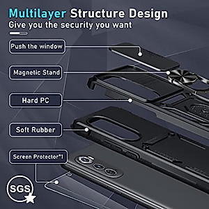 Motorola Moto Edge 2022 Case Built in Slide Camera Cover and Screen Protector [Not for Edge Plus],Heavy Duty Shockproof Full Body Phone Cover,Built in Finger Ring Stable Holder Kickstand,2022 Black