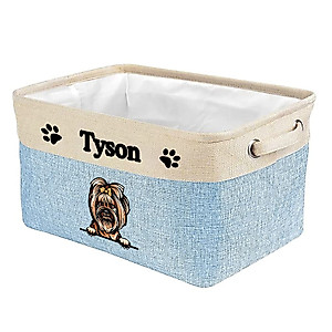 MALIHONG Personalized Foldable Storage Basket with Lovely Dog Yorkie Collapsible Sturdy Fabric Pet Toys Storage Bin Cube with Handles for Organizing Shelf Home Closet, Blue amd White