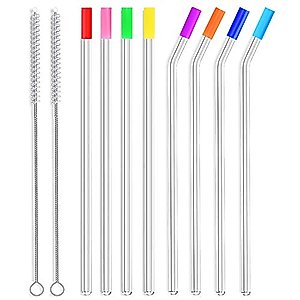 ALINK Skinny Clear Glass Straws, 10.5" x 7 mm Long Reusable Drinking Straws for 30 oz RTIC/YETI Tumblers, Mason Jars, Pack of 8 with 2 Cleaning Brush and 8 Silicone Tips