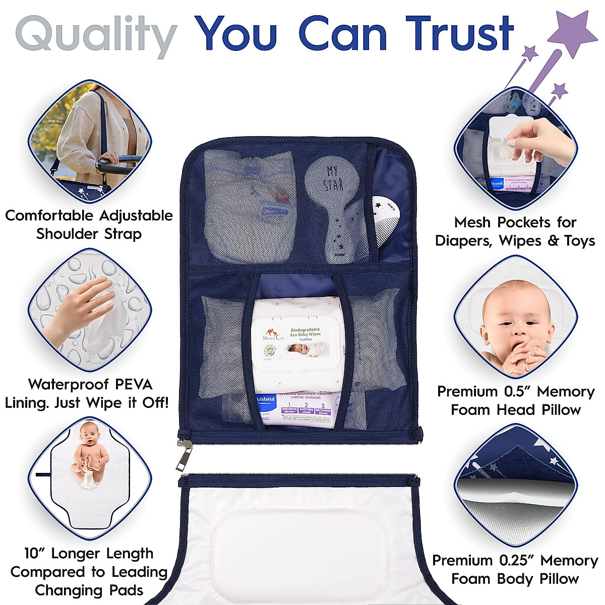Nastéri Baby Gear Extra Large Portable Baby Changing Pad with Memory Foam Pillow & Insulated Bottle Bag – Waterproof Portable Baby Changing Station for Girls & Boys - Navy