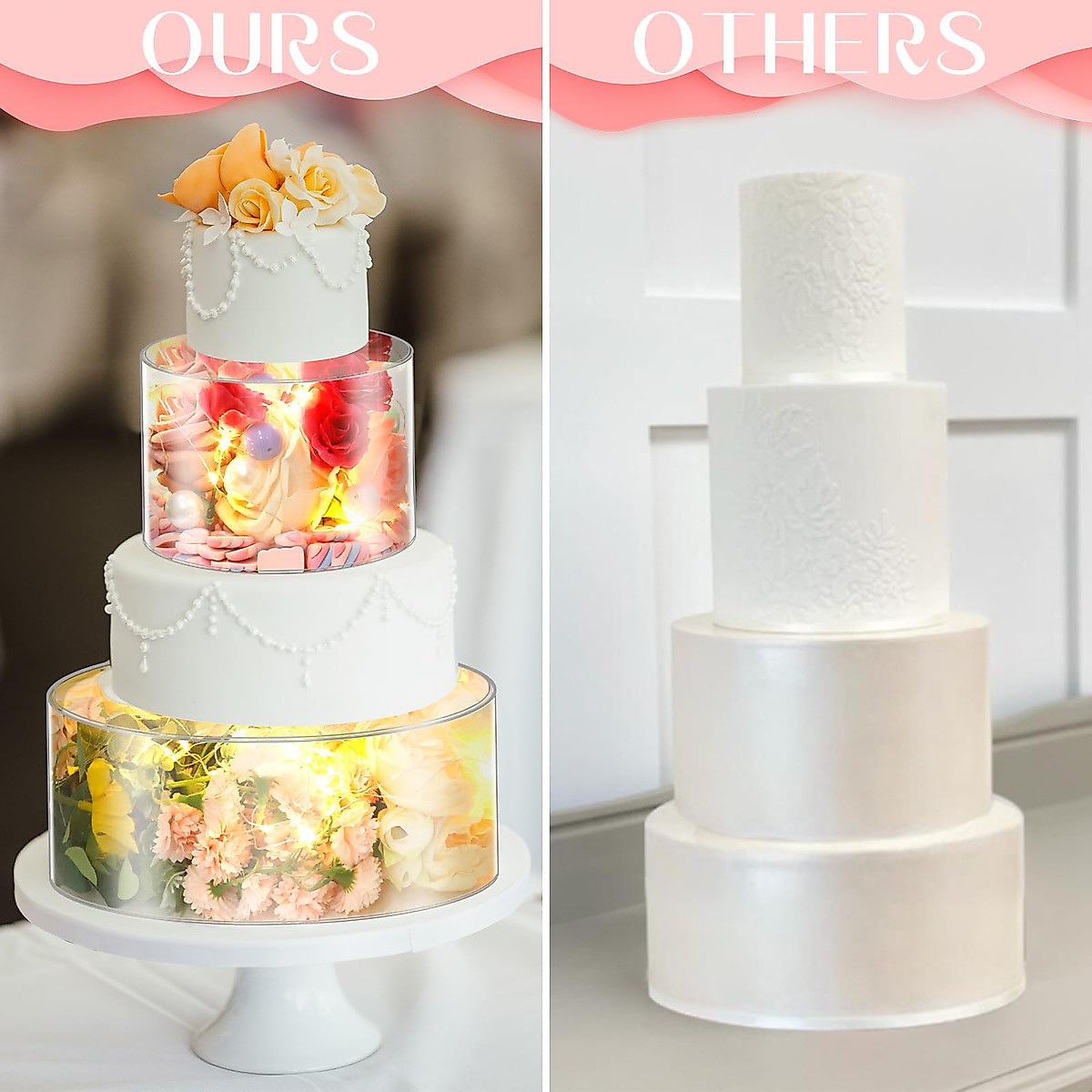 ALEXPRE 2PCS Clear Acrylic Wedding Cake Stand, Fillable Cake Box with Lid, LED Lights, 6 & 10 Inch, 3M LED Lights