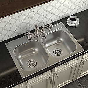 Moen GS202134Q 2000 Series 33-inch 20 Gauge Drop-in Double Bowl Stainless Steel Kitchen Sink, Featuring QuickMount