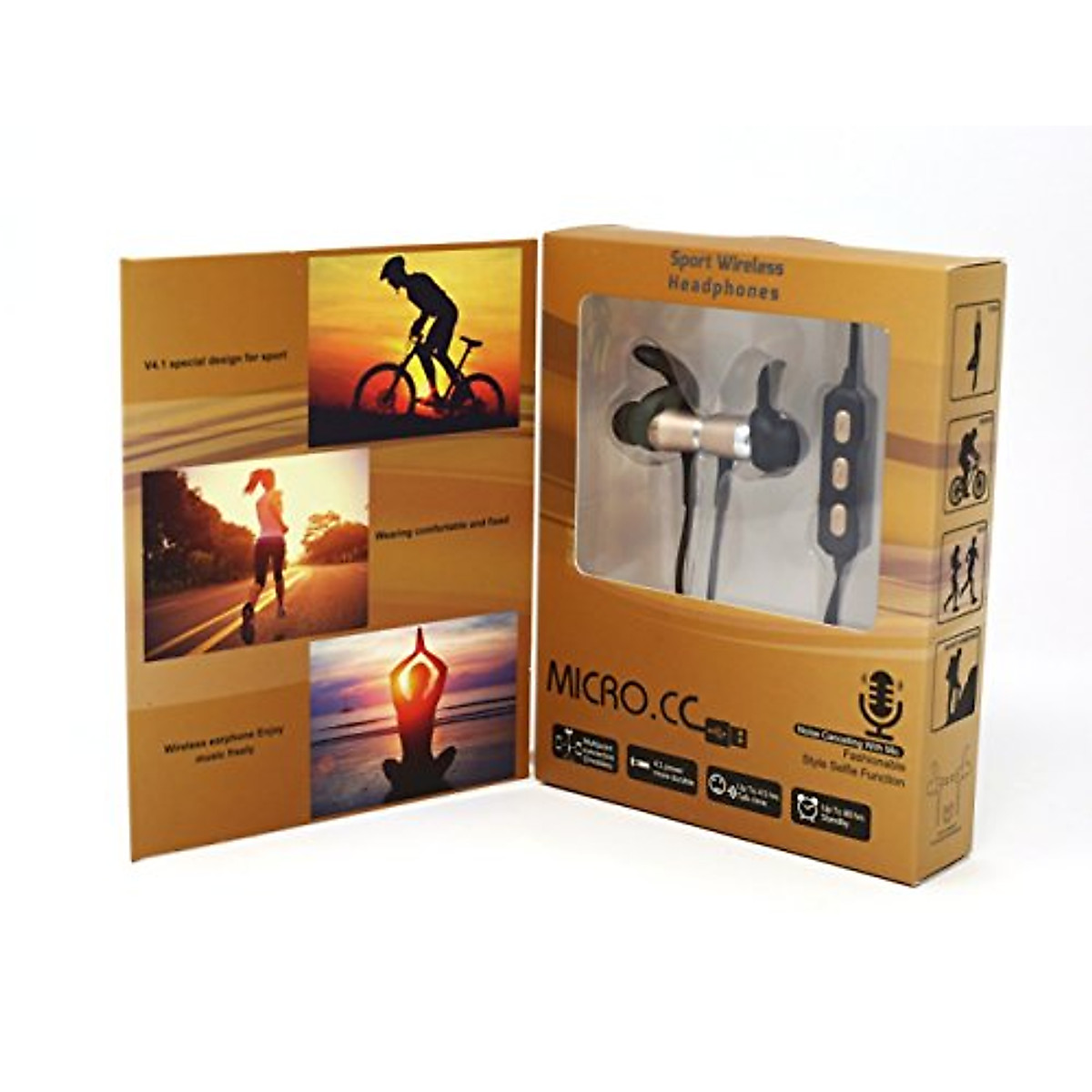 Micro.cc Wireless Sports Headphones, Magnetic Wireless Earbuds with Bluetooth 4.1 ~ Lightweight & Noise Cancelling ~ Exercise Earphones with Built in Mic ~ Perfect for Workouts, Running & More (Gold)