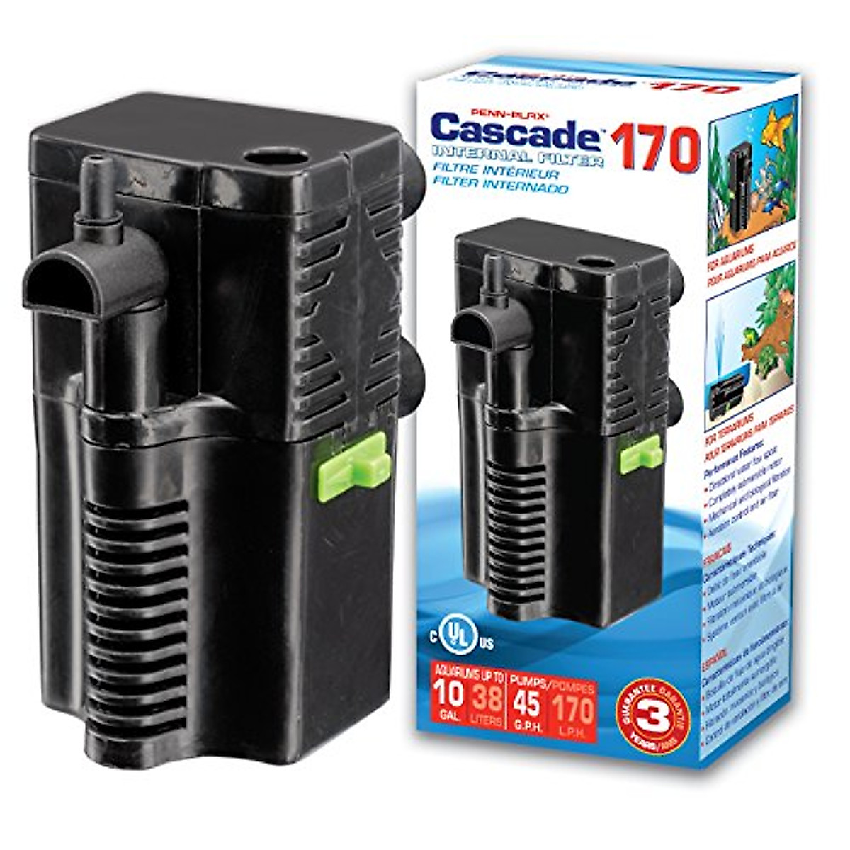 Penn-Plax Cascade 170 Fully Submersible Internal Filter – Provides Physical and Biological Filtration for Freshwater Aquariums, Nano Tanks, Turtle Tanks, and Terrariums