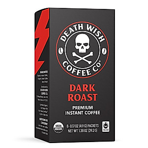 Death Wish Coffee Instant Coffee Dark Roast, 8 Single Serve Packets, Extra Kick of Caffeine, Bold & Intense Blend of Arabica & Robusta Beans, USDA Organic Powder, 300mg of Caffeine for Day Lift