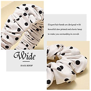 Roncidy Boho Wide Headband Polka Dot Printed Hair Bands Scrunch Hair Hoop Headbands with Hair Scrunchies Elastic Ruched Hairband for Women and Girls,1 Set (White)