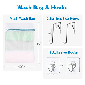 Hanging Laundry Hamper(35"L x 22"W) with 2 Adjustable Stainless Steel Over Door Hooks 30Lb & 2 Adhesive Hooks 2.75"L 25Lb& Grey Mesh Laundry Bag. Large Size Door Hamper for Kids Room, Bathroom, Dorm