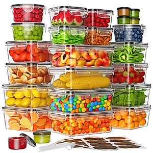 KEMETHY 50 PCS Food Storage Containers with Lids Airtight, Extra Large to Small Containers-Total 581.2oz, Kitchen Organization, Stackable, BPA-Free, Leak-Proof, Labels & Marker Pen