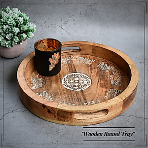 ARIJA Rustic Round Wooden Trays,Serving Tray with Handles - Food Serving Trays Ottoman Tray for Living Room- Rustic Home décor, Boho Décor Serving Tray Size 12 inch