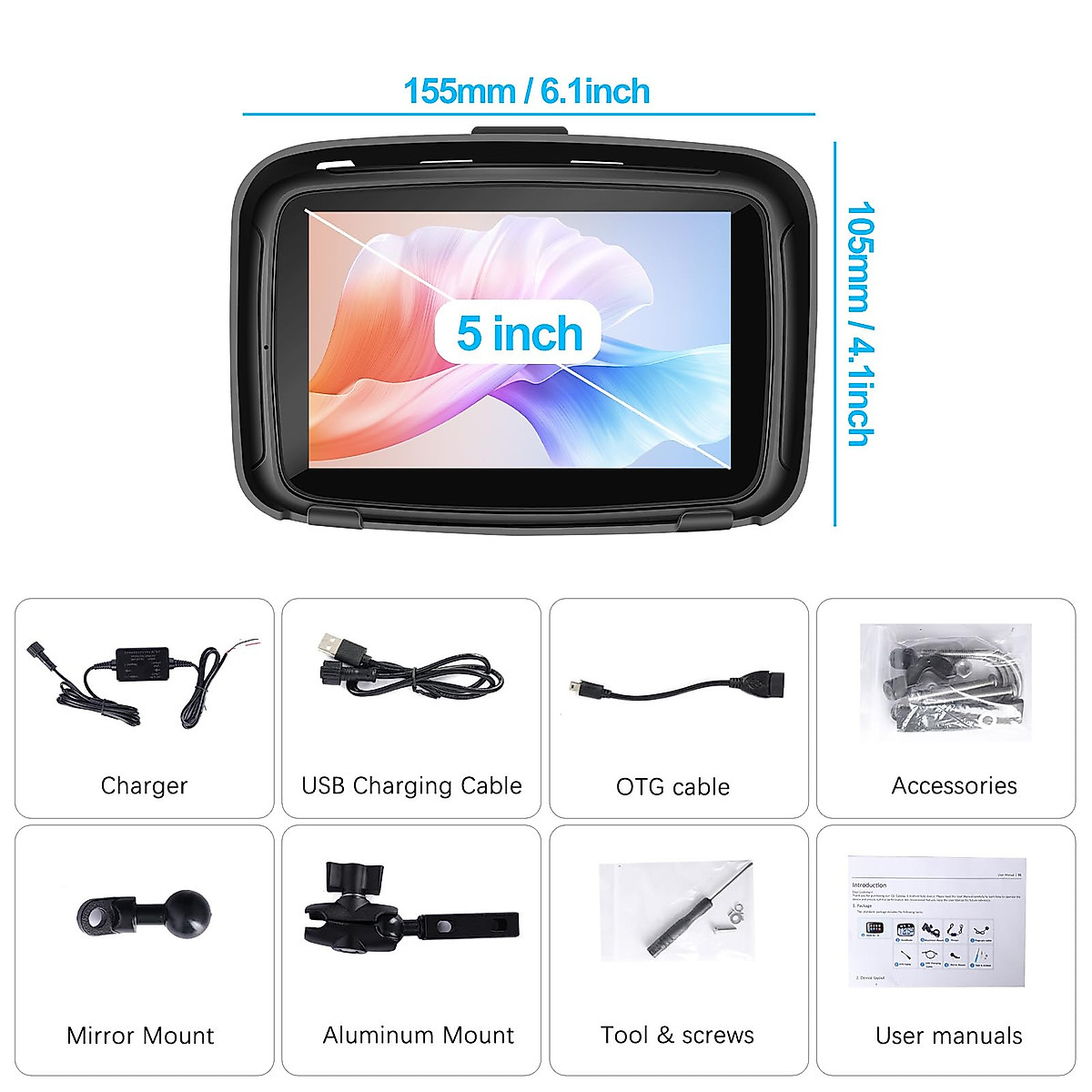 CAMECHO Portable Wireless Carplay Android Auto for Motorcycle, 5" IPS Touch Screen Portable Motorcycle Navigator IPX7 Waterproof, Dual Bluetooth, GPS Navigation for Most Motorbike, Siri