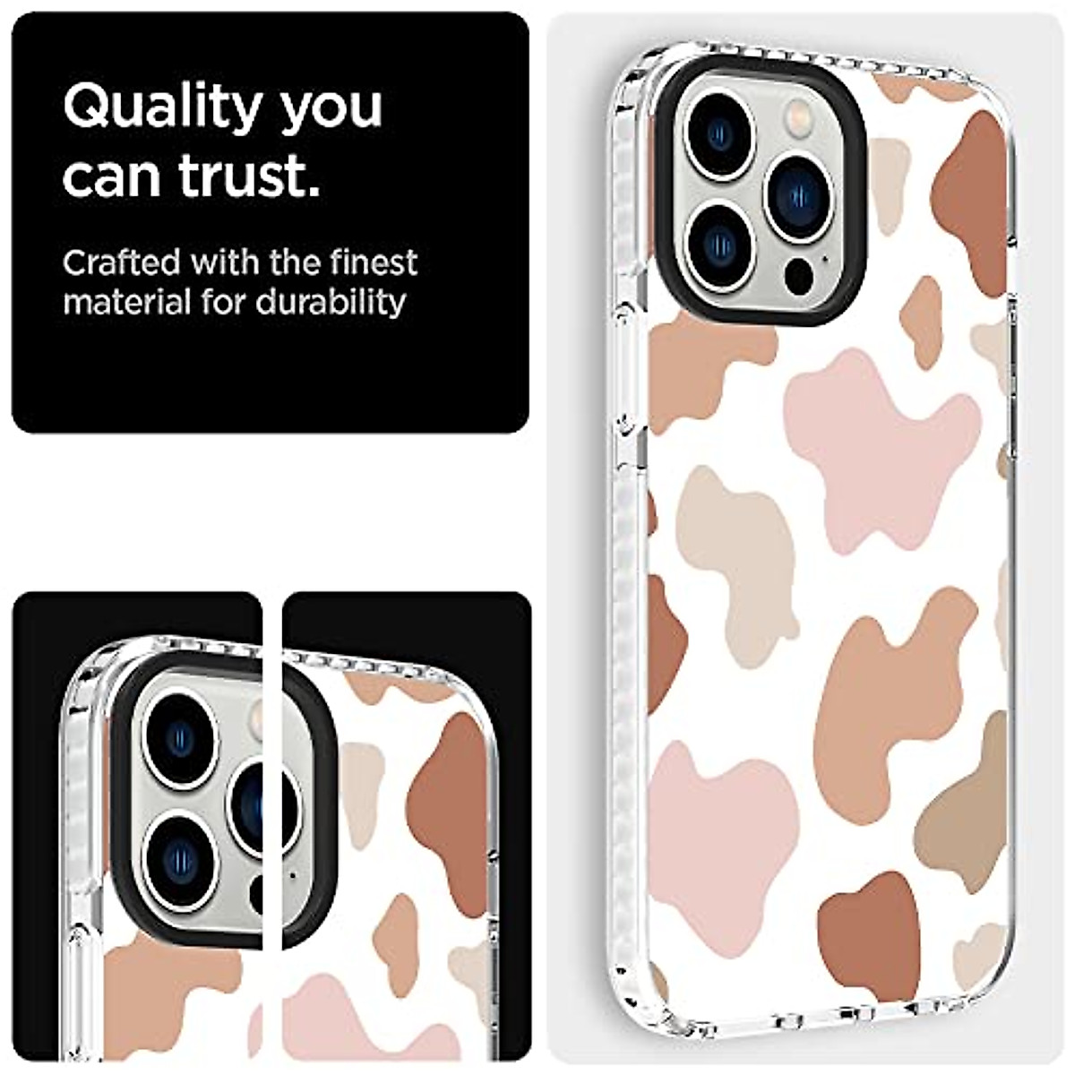 OOK Compatible with iPhone 14 Pro Case Cute Cow Print Fashion Slim Lightweight Camera Protective Soft Flexible TPU Rubber for iPhone 14 Pro with [Screen Protector]-Pink & Brown