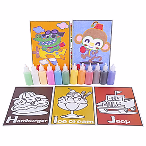 Sand Painting Art Kit with 26 Sheets of Various Alphabet A-Z Word Picture Cards & 12 Bottles of Colorful Sands, Preschool DIY Toys Educational Creative Activity Practice Craft Set for Kids