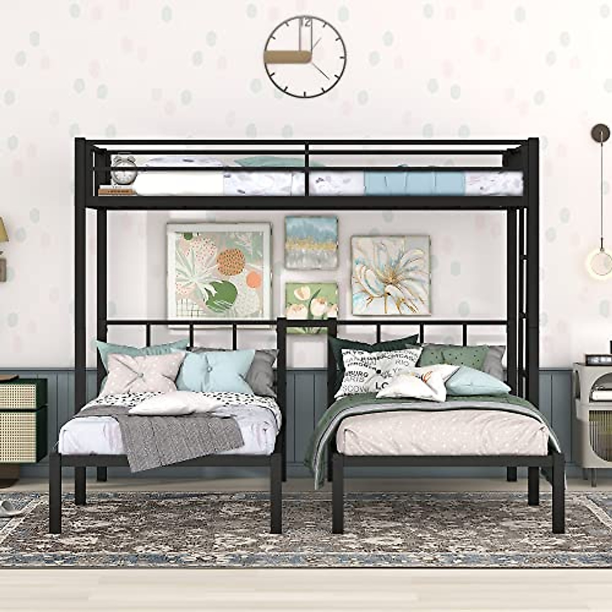DHHU Triple Twin Bunk Bed, Metal Bunk Bed, Metal Bed Frame, Suitable for Bedroom, Apartment, Dorm, Space-Saving, Black