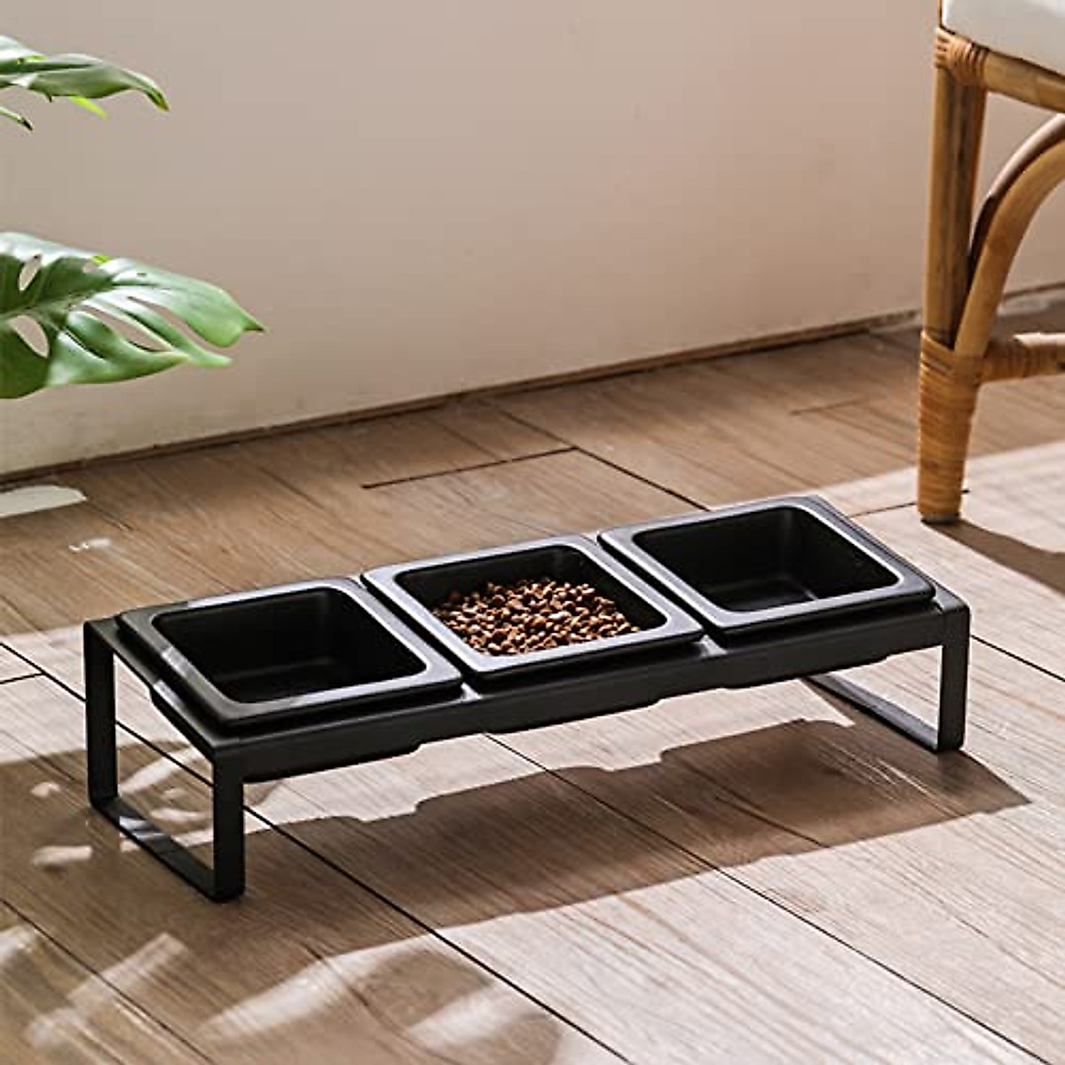 QIRAN Raised Cat Food Bowl,Elevated Cat Bowls with Stand,Ceramic Pet Feeding Bowls for Food and Water,Protect Cat's Spine,Perfect for Cats and Dogs, 12 Ounces*3,Dishwasher Safe,Triple Bowls,Black