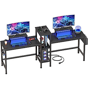 Furologee 2 Person Gaming Desk with LED Lights, 71 Inch Computer Desk with Power Outlets and Monitor Stand, Double Desk with Storage Bag and Headphone Hooks, Study Writing Table for Home Office, Black