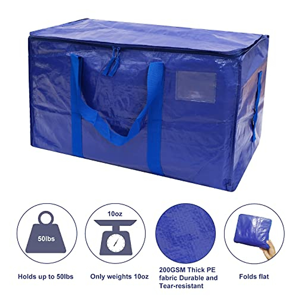 2-Pack Extra Large Moving Bags Heavy Duty Reusable Moving Totes Storage Bag Boxes Containers for Space Saving Storage, Carrying, Travelling, College Dorm Packing, Blue