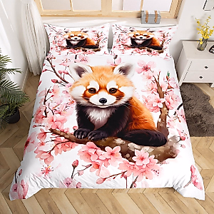 Manfei Red Panda Kawaii Bedding Set Twin Size,Pink Cherry Blossom Spring Blooming Floral Duvet Cover with 1 Pillow Comforter Cover(No Filler) for Kids,Cute Wild Animal Nature Quilt Cover Set 2 Pcs
