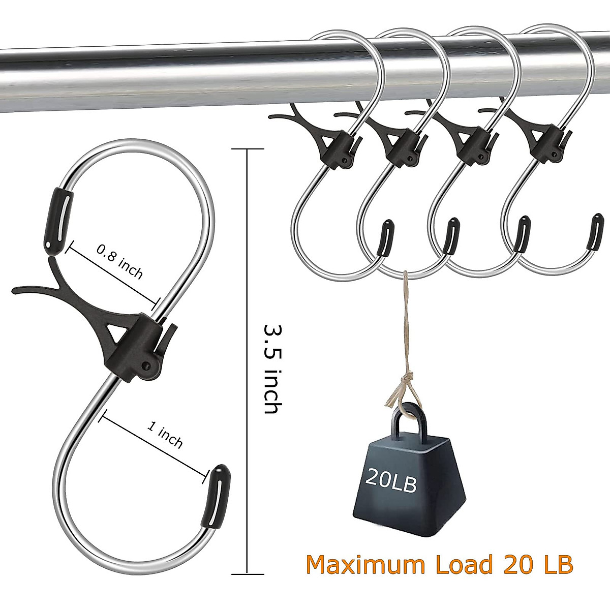 Waitkey 8 Pcs S Hooks for Hanging with Anti-Fall Design, 3.5 inch Anti Drop Heavy Duty S Shaped Hook Kitchen Pot Rack Hooks Closet Hooks for Kitchenware Clothes Bags Towels Plants (Black)