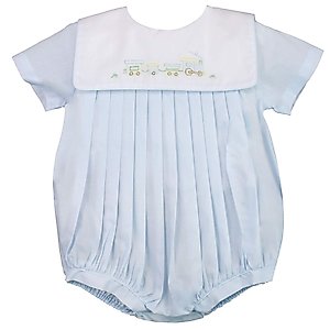 Petit Ami Baby Boys' Square Collar Romper with Train Embroidery, 6 Months, Blue