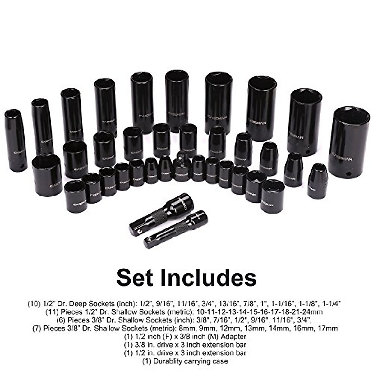 CASOMAN Complete 3/8" and 1/2” Drive Impact Socket Set, Inch (SAE) /Metric, Cr-V, 6-Point, 3/8"- 1-1/4", 8 mm - 24 mm, Deep & Shallow, 38-Piece Impact Socket Set