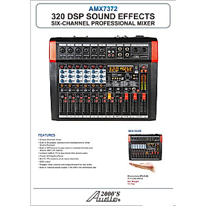 Audio2000'S AMX7372 Six-Channel Audio Mixer with 320 DSP Sound Effects, Stereo Sub Out with Sub-Out Level-Control Fader, Level-Control Faders on All Channels, and USB/Computer Interface