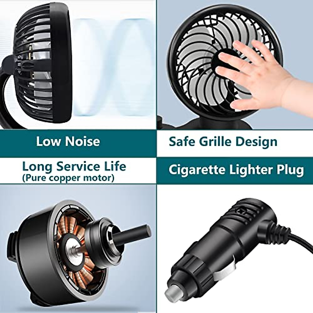 12 V Car Fans for Backseat, Car Cooling Fan with Cigarette Lighter Plug, 360 Degree Dual Head Rotatable Auto Vehicle Fan, Quiet Dashboard Cooling Fan for SUV, RV, Boat