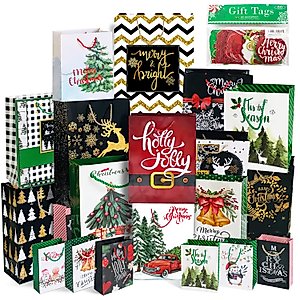 Party Funny 24 Christmas Gift Paper Bags Bulk with Handles and 60 Count Christmas Gift Tags-Assorted Sizes Set for Wrapping Xmas Holiday Presents(6 Jumbo,6 Large,6 Medium,6 Small)
