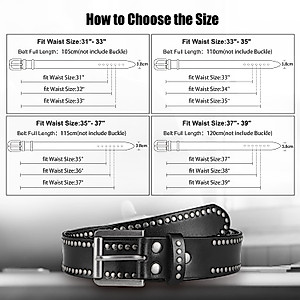 FIORETTO Mens Studded Genuine Leather Belts For Jeans Vintage Retro Circle Rivets Belt With Buckle Black