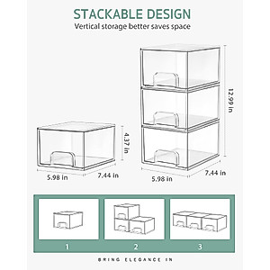 Syntus 3 Piece Set Stackable Makeup Organizers, 4.4'' Tall Acrylic Drawer Organizer, Clear Plastic Cosmetics Storage Drawers for Vanity, Undersink, Bathroom Organizer, Skincare, Kitchen Cabinets