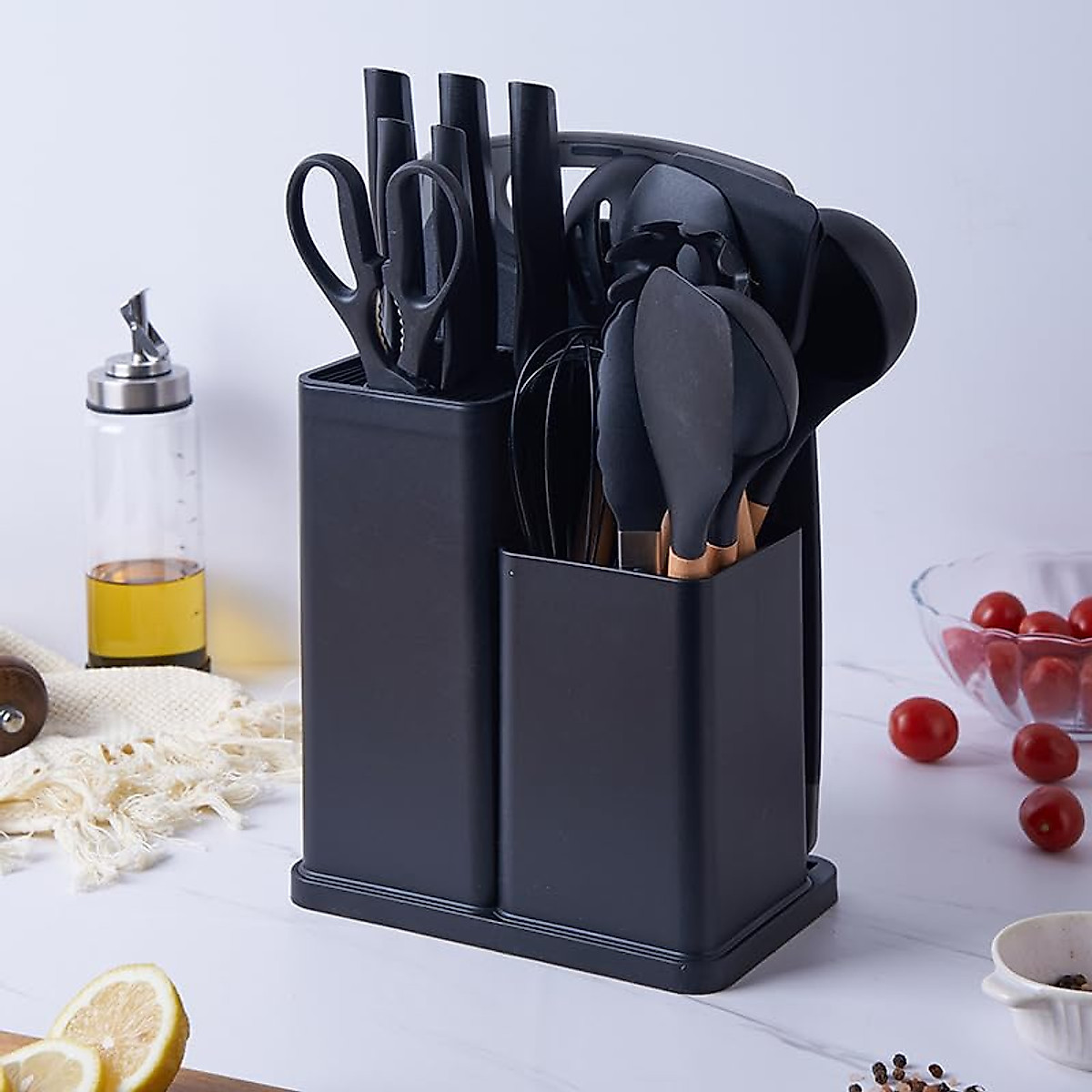 19 Pcs Kitchen Cooking Utensil & Knife Set/Wooden Handles, Heat Resistant Cookware with Staninless Steel Knives Cutting Board Storage Holder, Silicone Spatula Spoon Gadgets Set