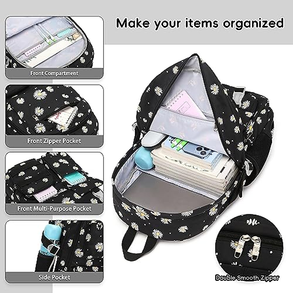 Classic Diamond Daisy Backpack for School Backpack for Girls Backpack with Lunch Box Bookbag Set Kids Backpacks for Teen Girls (Black)